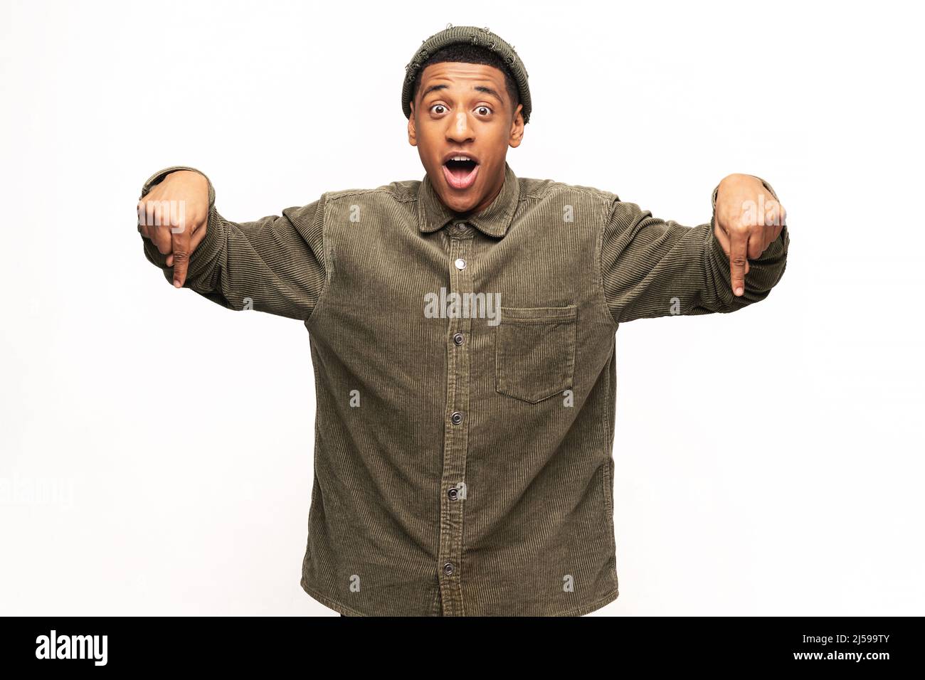 Look, advertise below. Cheerful guy pointing down place for commercial ...