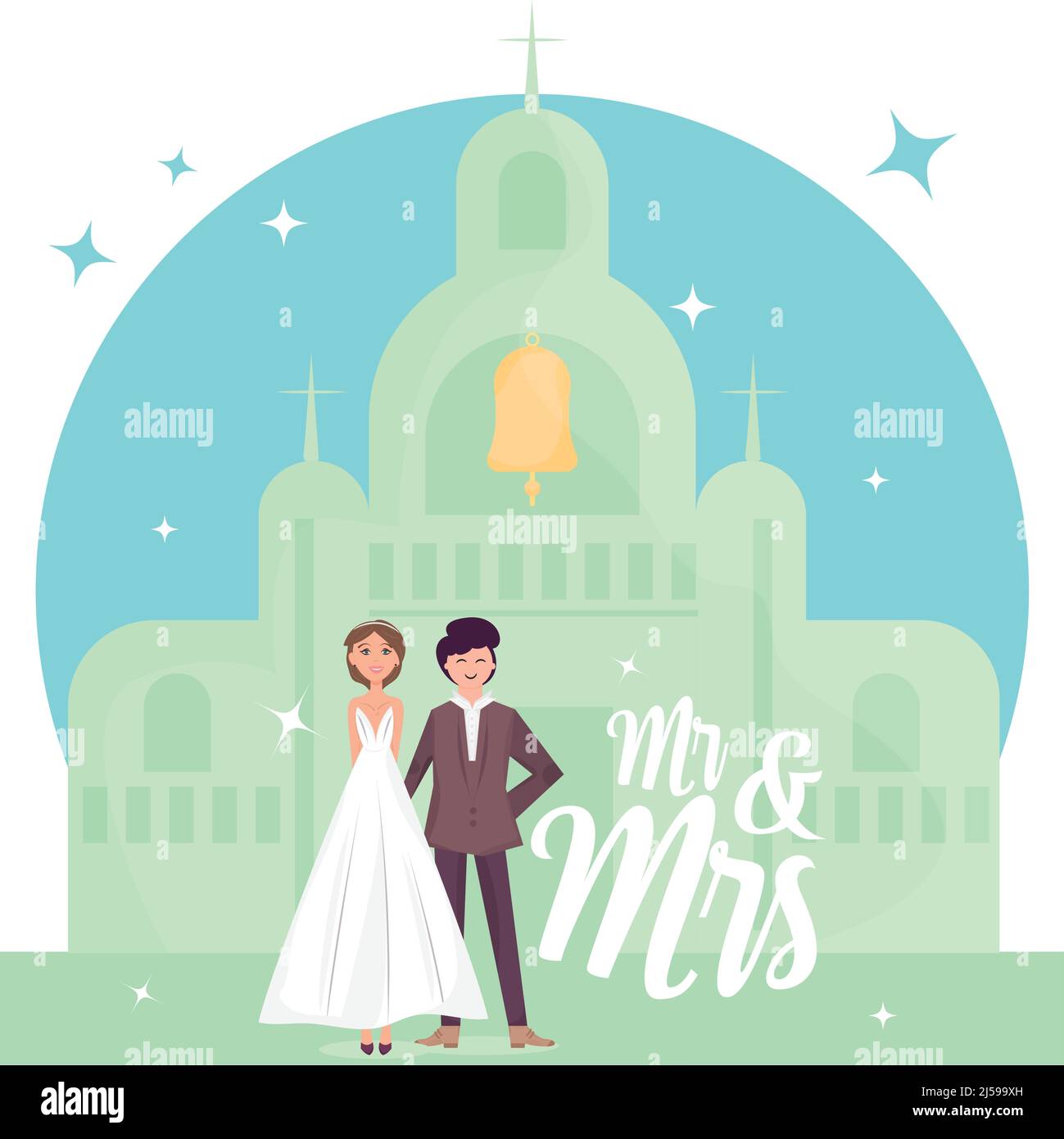 Happy married couple characters near a castle building Wedding template ...
