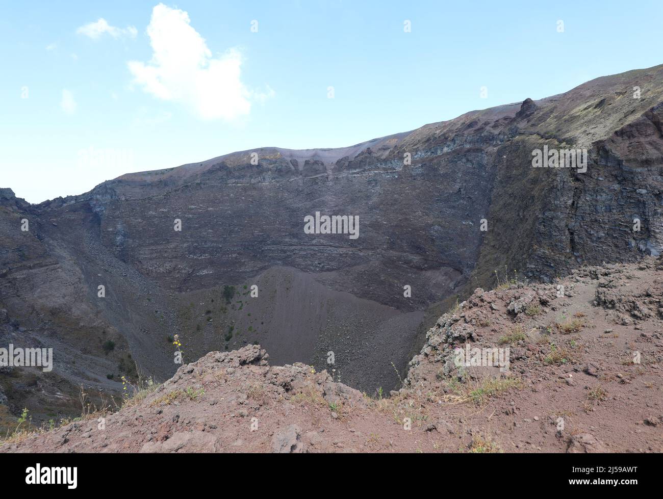 Large crater with lava in the top of the Vesuvius volcano near Naples ...