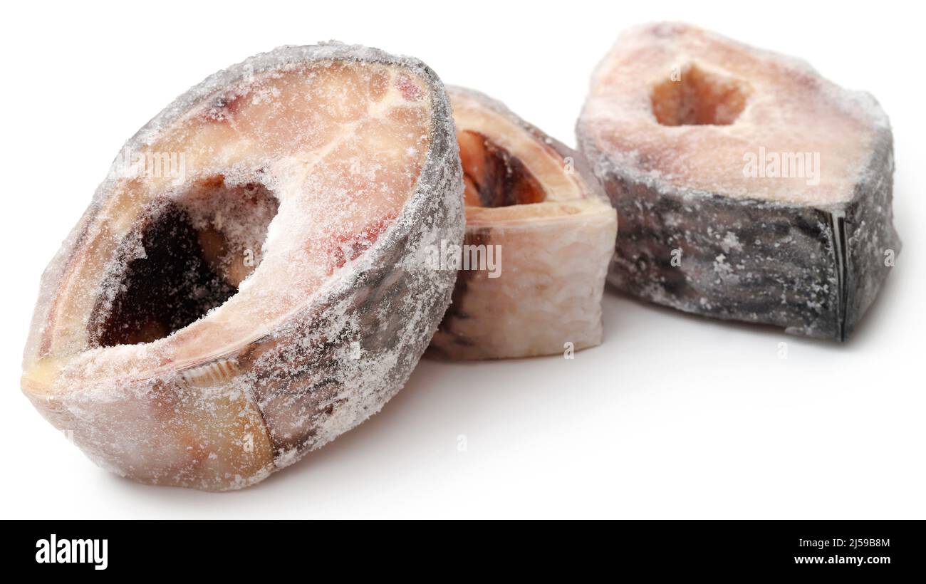 Popular rohu fish sliced and frozen over white background Stock Photo ...