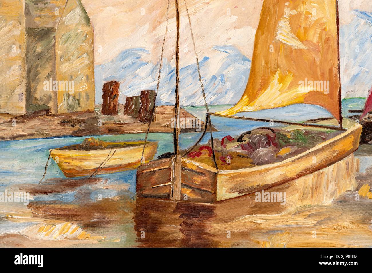 Fragment of oil painting with thick paint brush strokes depicting ...