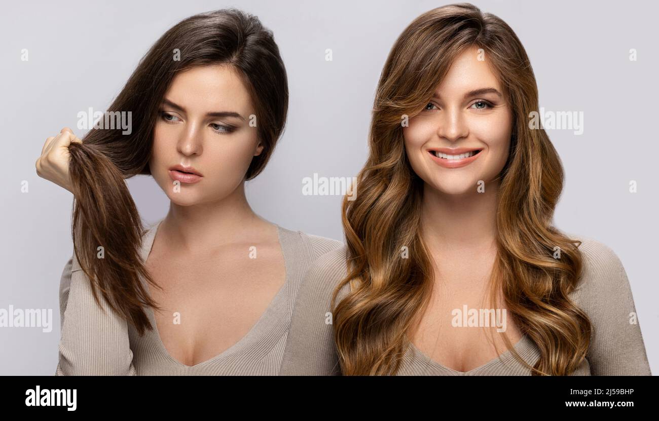 Result of makeover. Young woman happy with her beautiful hair after ...