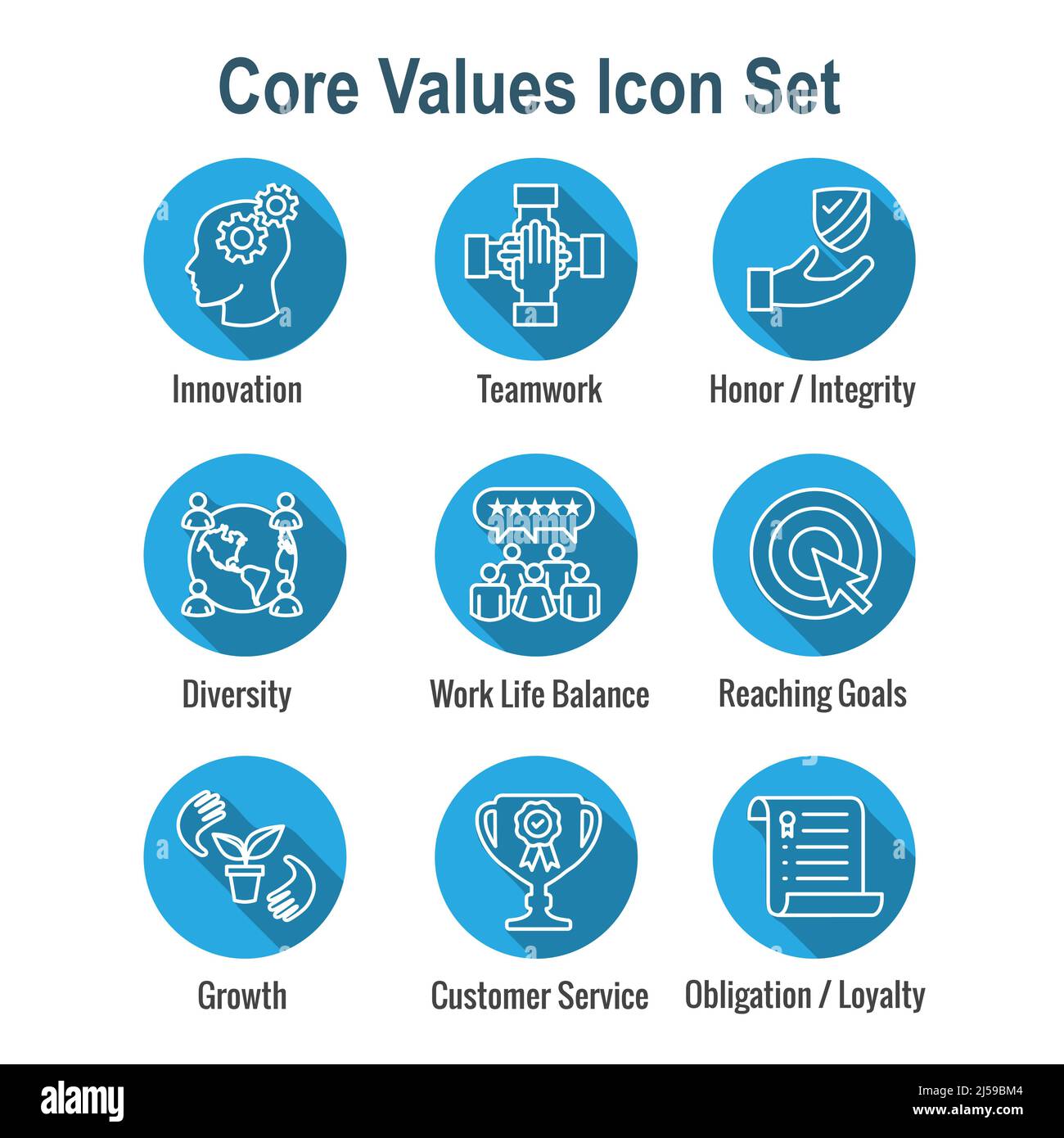 Core Values icon set with teamwork, work life balance & diversity Stock ...