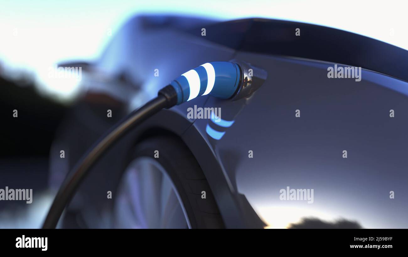 Charging cable is plugged into socket. Electric vehicle charging port ...