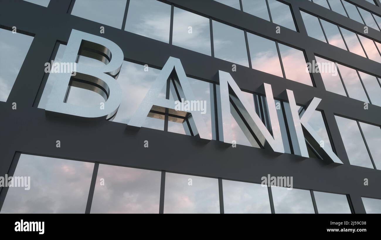 Bank sign on a modern glass skyscraper. Mirrored sky and city on modern ...