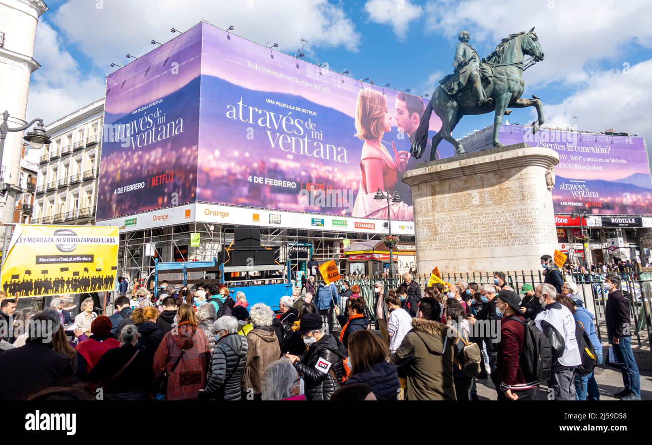 For freedom of information protest in Puerta del Sol, Madrid, Spain ...