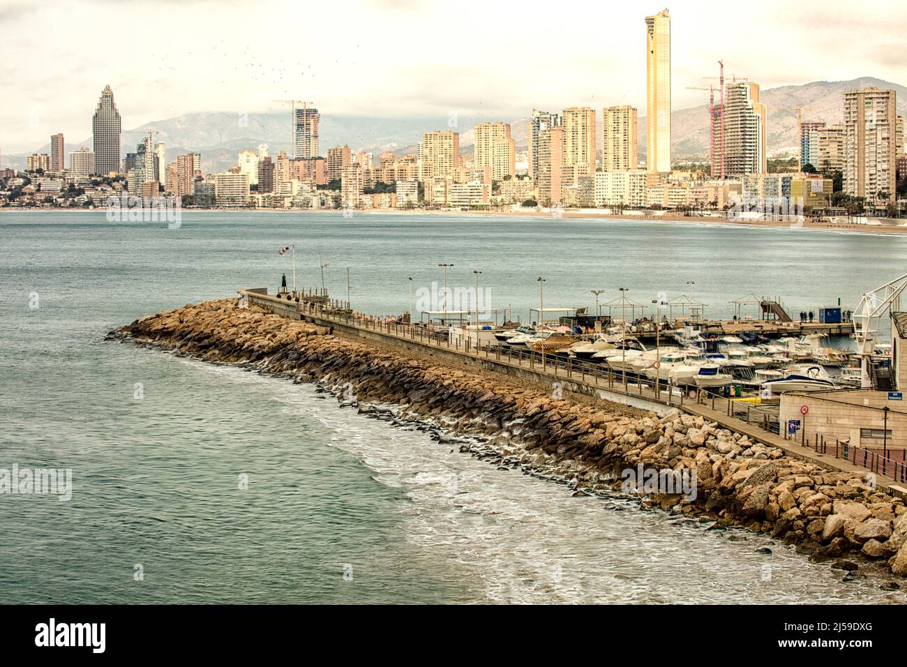 Travel landscape of Benidorm skyline across the harbour, Costa Dorada ...