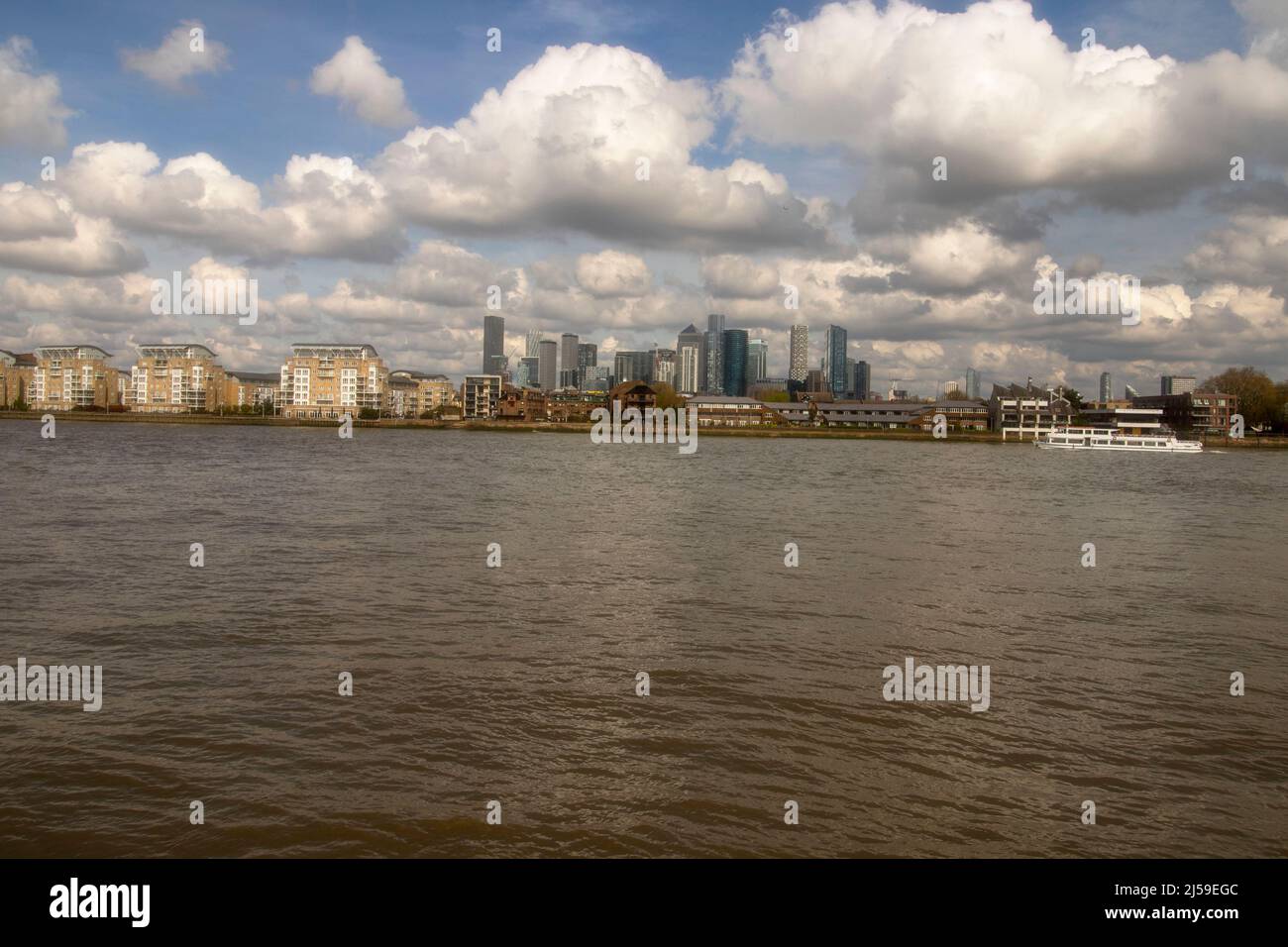 View across the Thames river in London from the Greenwich waterfront ...
