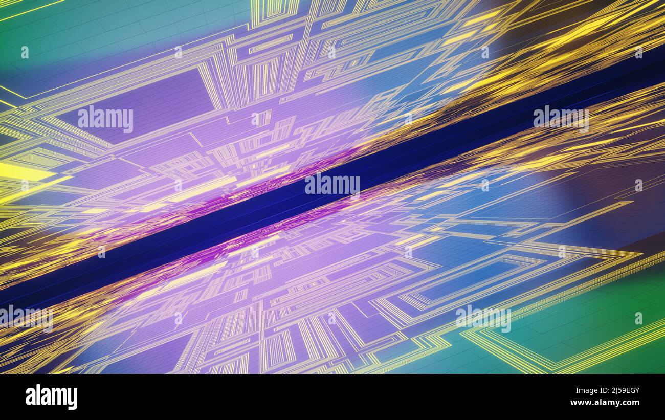 Futuristic printed circuit boards background in wide angle perspective ...