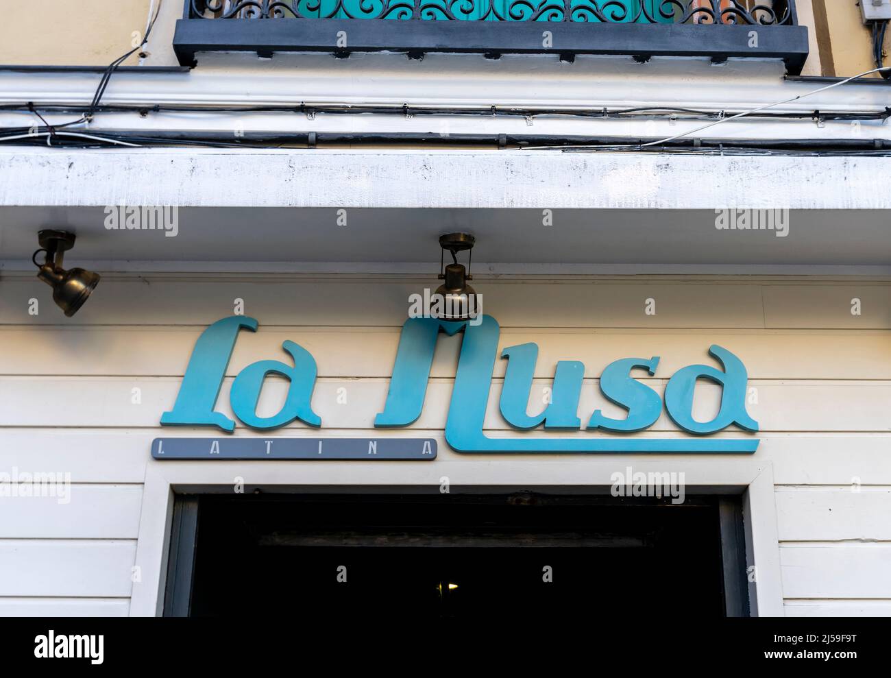Sign of La Musa Latina cafe restaurant. La Latina neighborhood, Madrid ...
