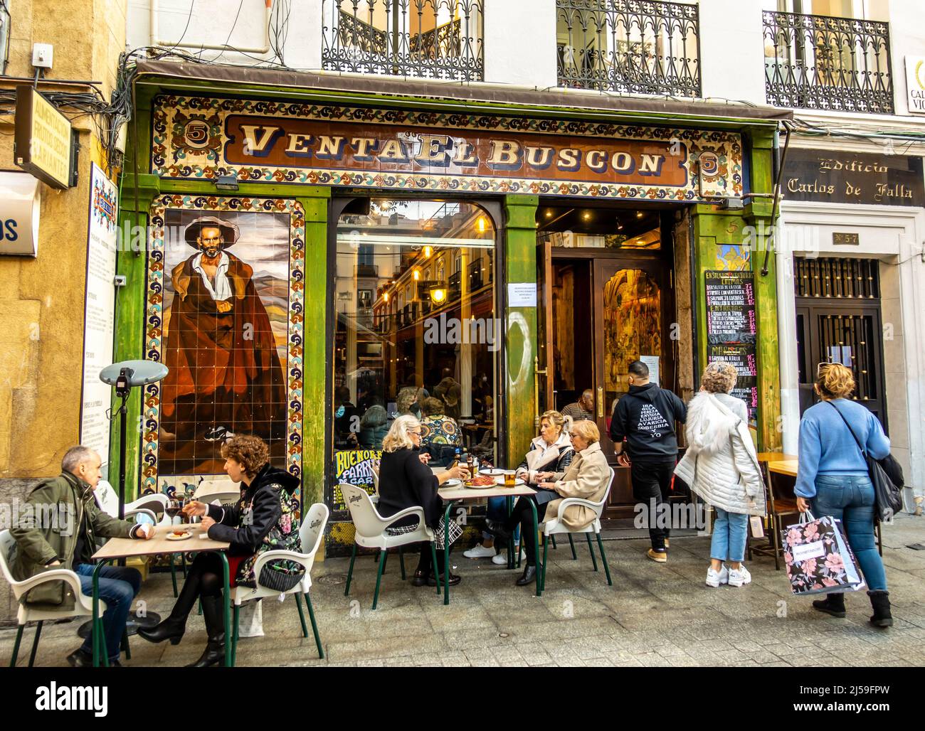 Venta El Buscón cafe with tables in street, Centro, Madrid, Spain Stock ...