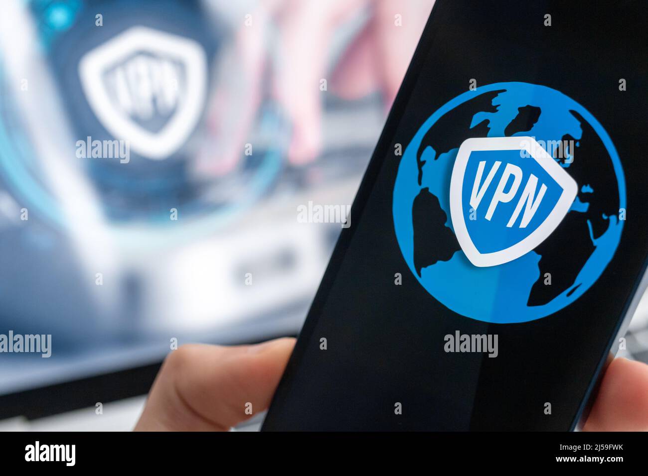 Person uses VPN application on smartphone. Virtual private network, anonymous, safe and secure ...