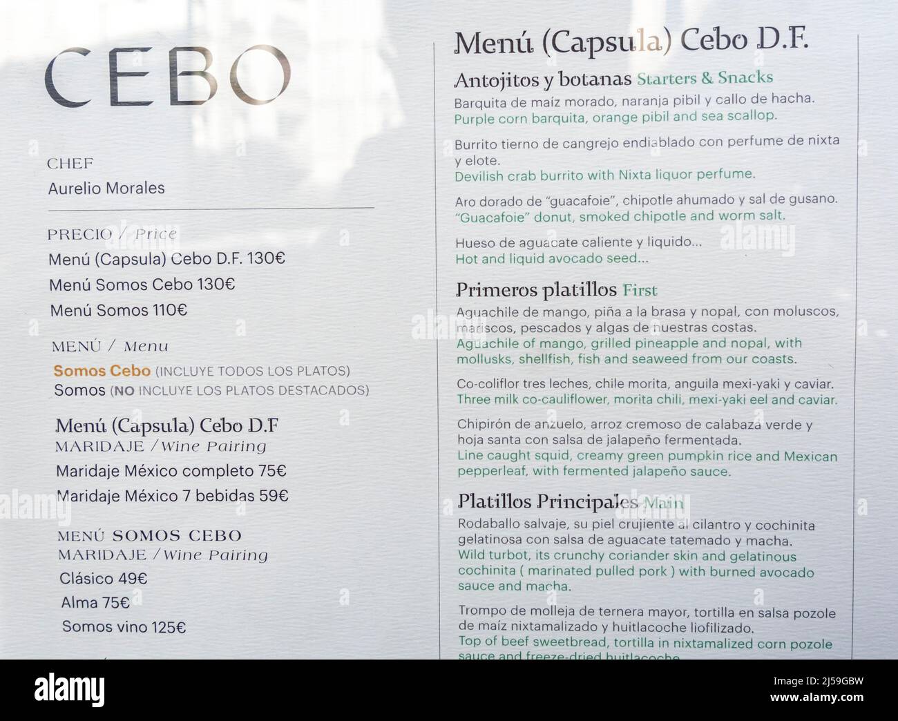 Menu of CEBO Madrid Restaurant. Mediterranean cuisine with Spanish ...