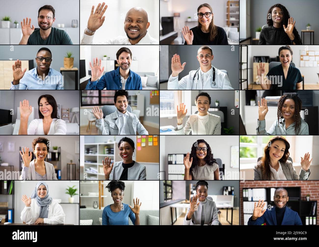 Online Virtual Video Conference Call. Group Of People Waving Goodbye ...