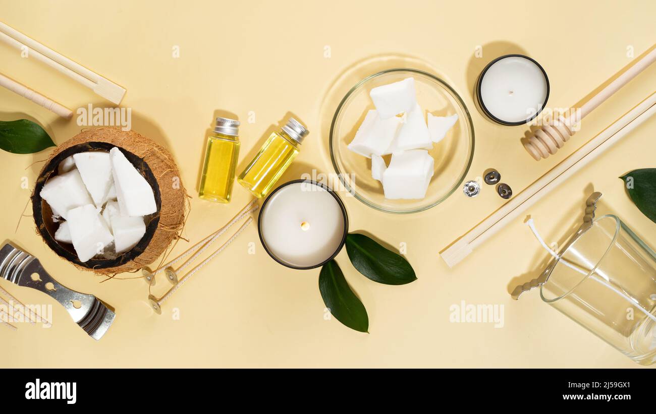 Set for homemade natural eco-friendly coconut wax candles, wick ...