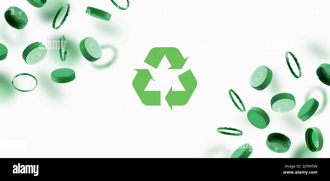 Green bottle caps, recycling symbol on a white background. Plastic caps ...