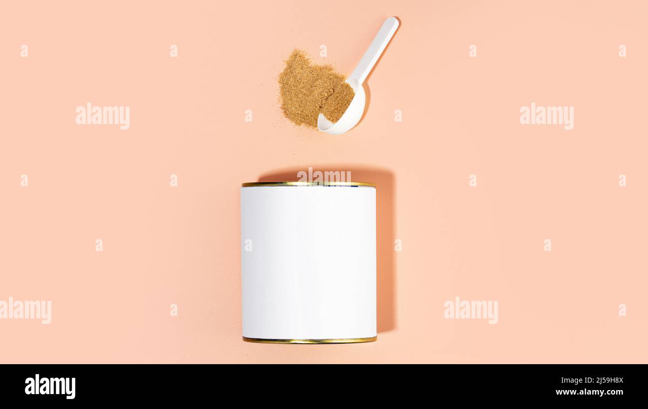 Mixture of biologically active additives. White jar of dietary fiber ...