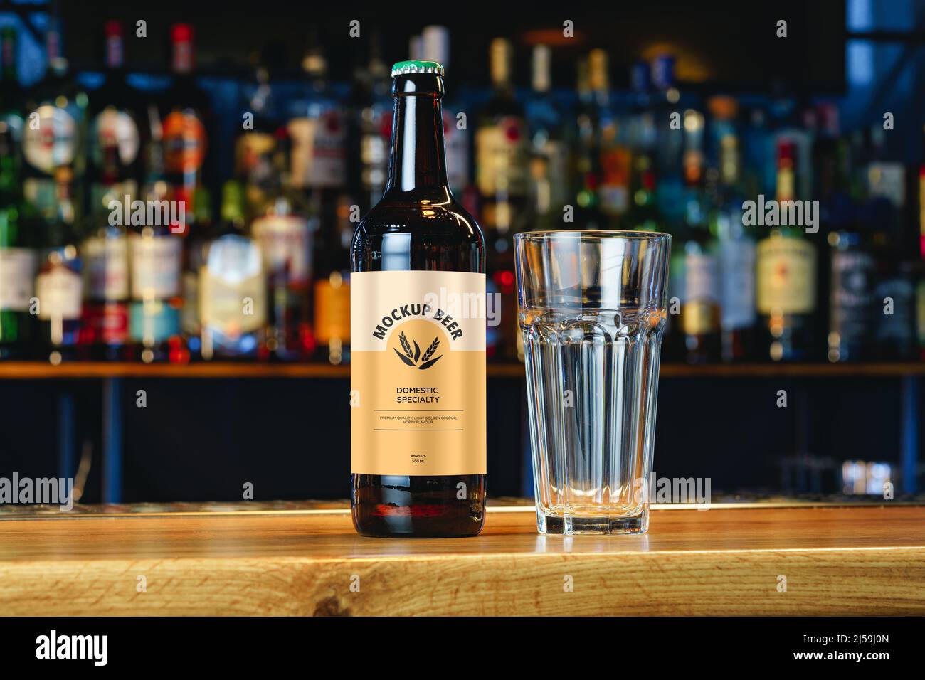 Beer bottle mock-up against blurred bar counter Stock Photo - Alamy