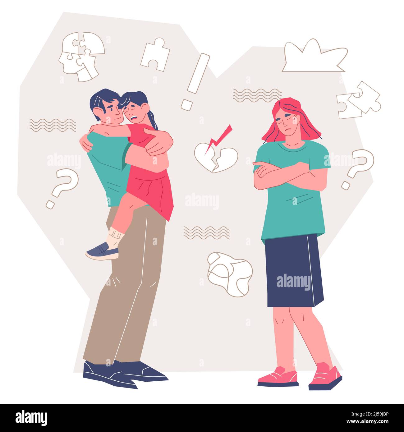 Divorce scene with sad little girl upset that father left family ...