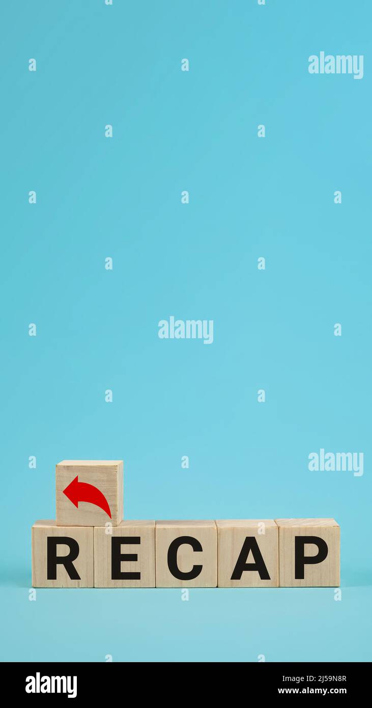 Recap word from wooden blocks. Wooden blocks with the word Recap. A ...