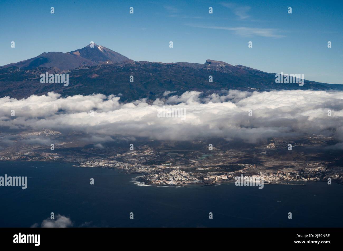Aerial panoramic view on Tenerife island in Atlantic ocean with peak of ...