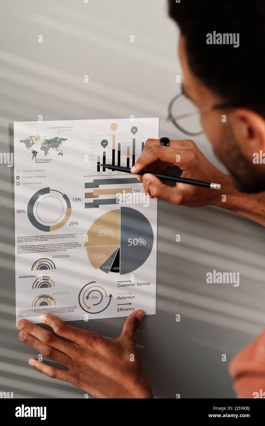 Over shoulder view of marketing specialist drawing with pencil on chart ...