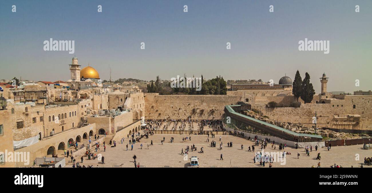Panoramic view of Western Wall (aka Wailing Wall or Kotel) with cupolas ...