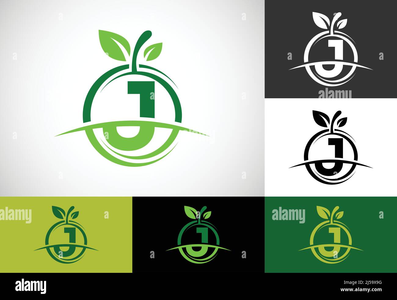 Initial J monogram alphabet with the abstract apple logo. Healthy food ...