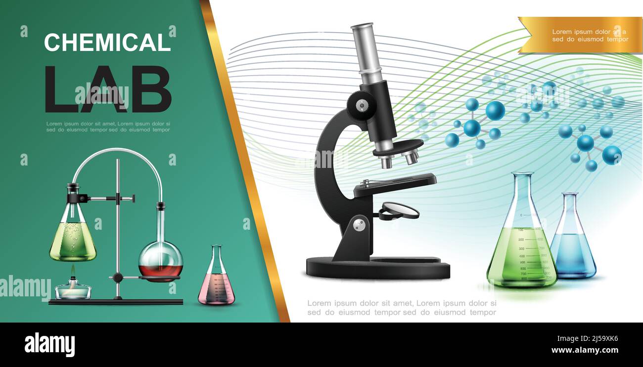 Realistic laboratory chemical research template with microscope flasks ...