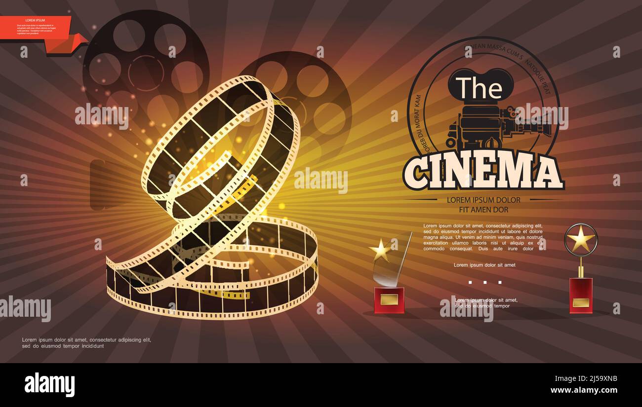 Realistic cinematography bright background with film reels camera ...