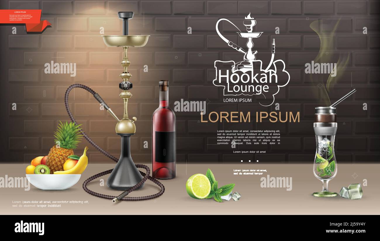 Realistic hookah lounge bar template with shisha wine bottle plate of ...