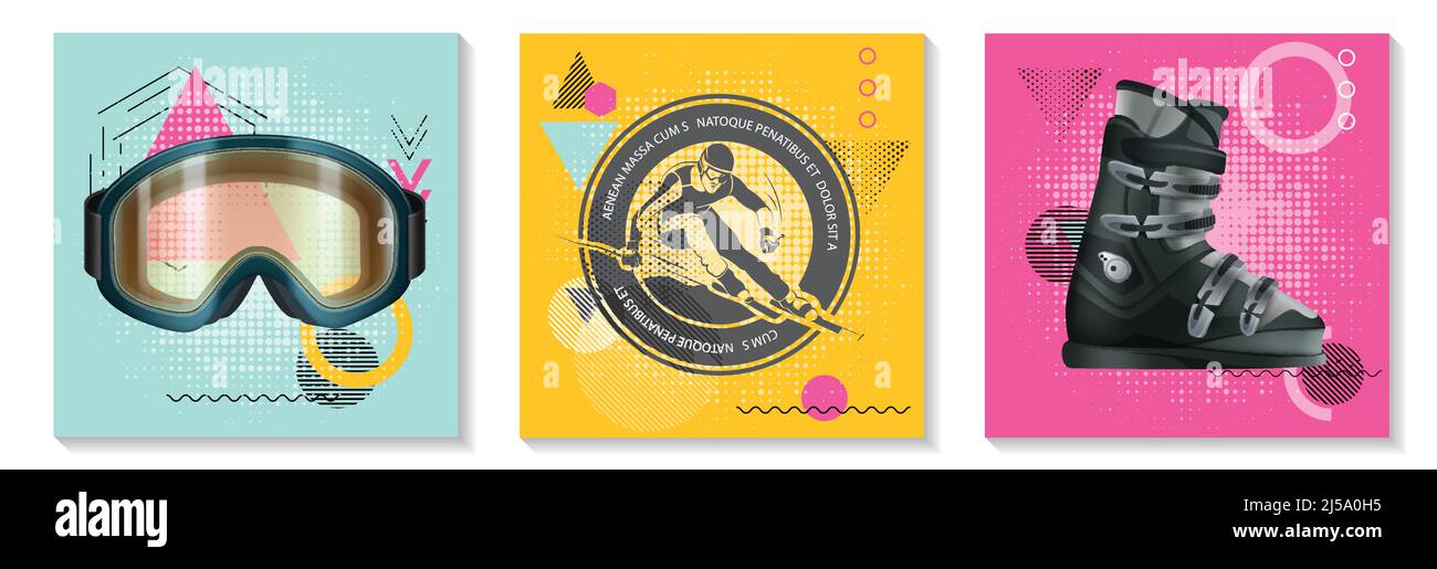Colorful winter sport cards set with realistic snowboarding glasses ...