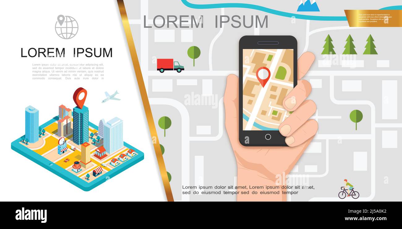 Colorful gps composition with map hand holding mobile with navigation ...