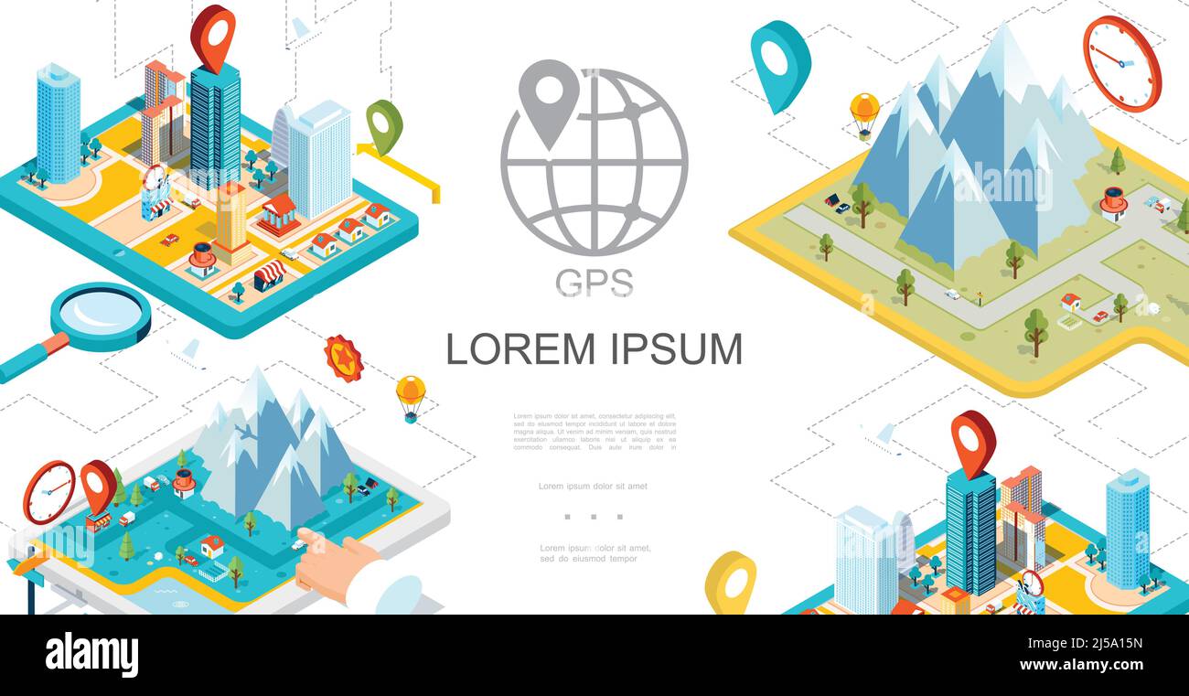 Isometric mobile gps navigation composition with city mountains map ...