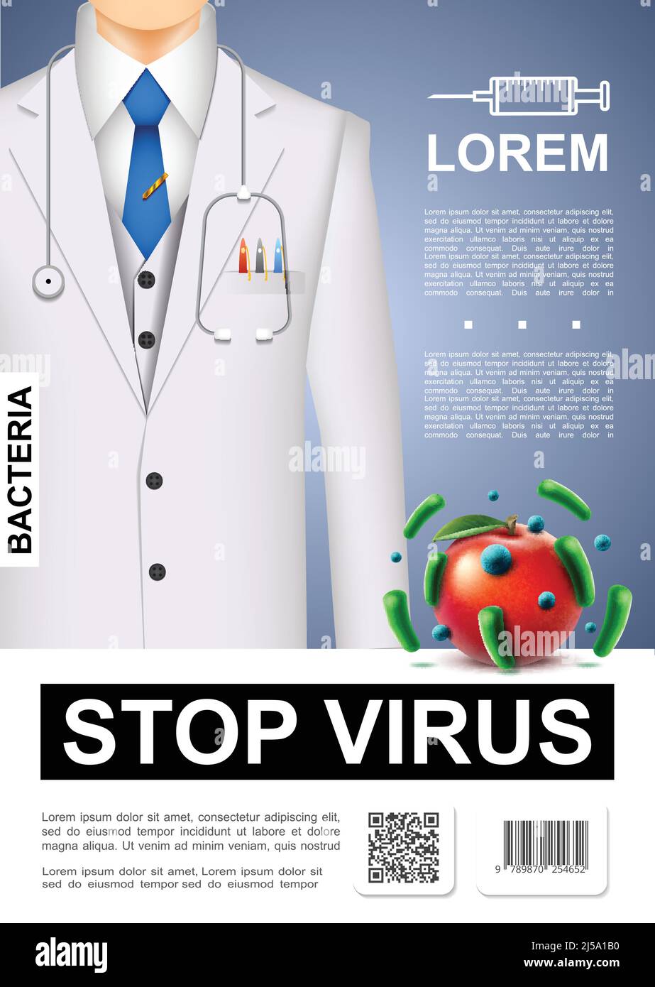Realistic stop virus poster with doctor and dirty apple full of ...