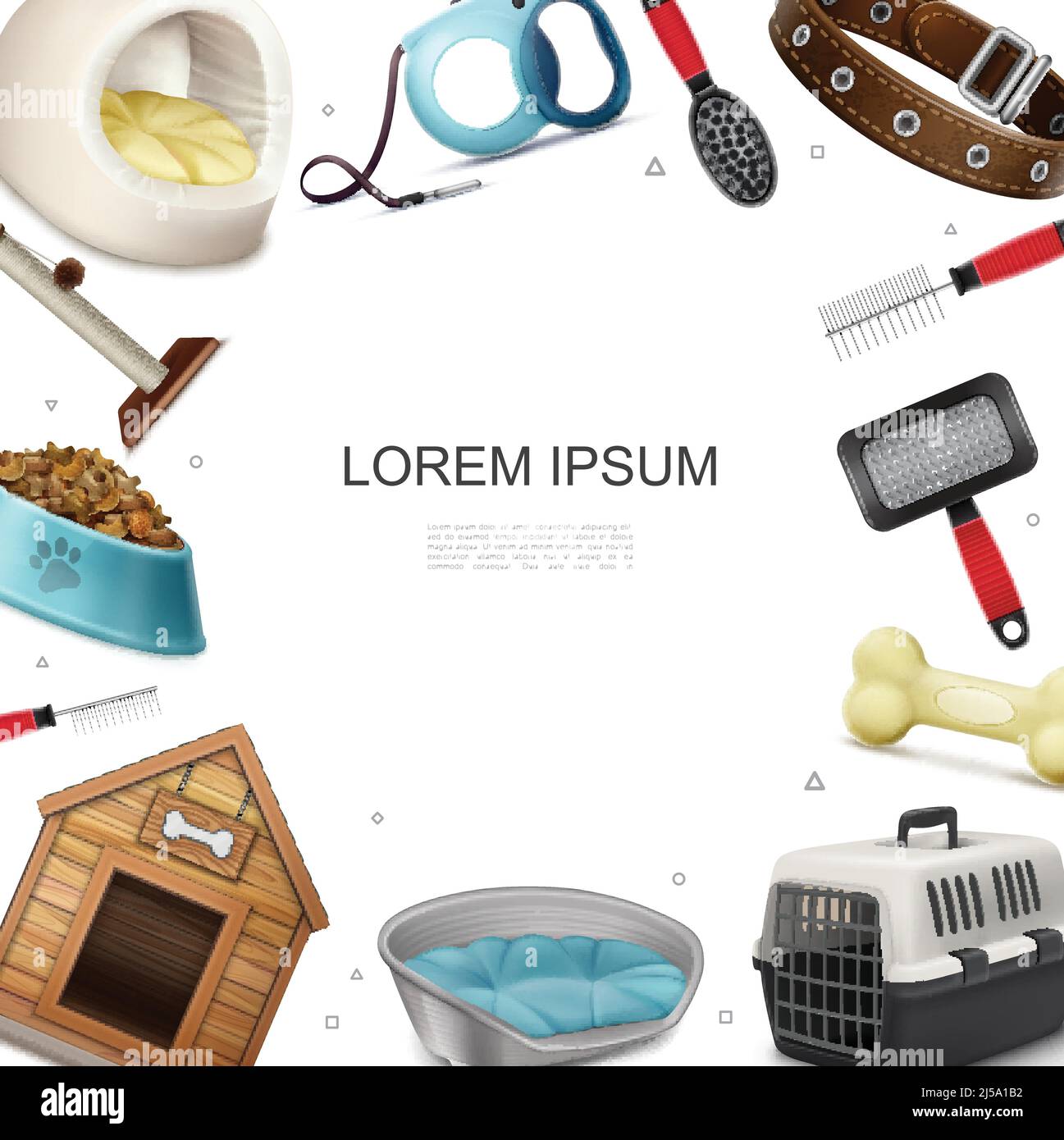 Realistic pets grooming template with cat scratching post carrier food ...