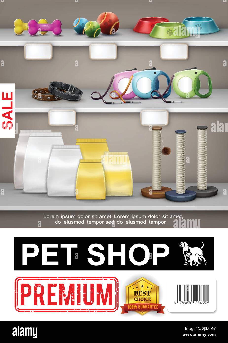 Realistic pet shop poster with colorful bones balls bowls collars ...