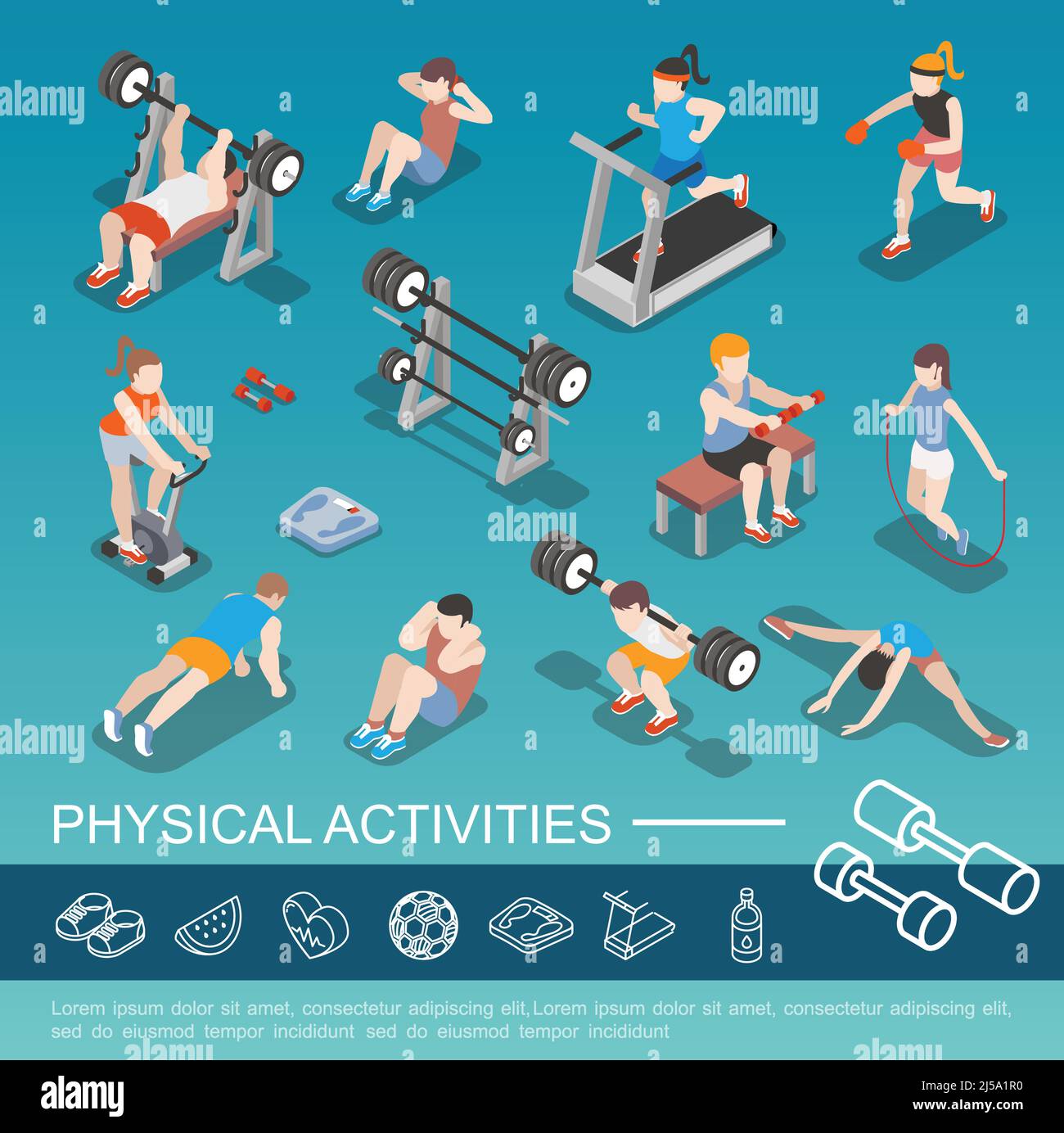 Isometric people in gym collection with men and women running on ...