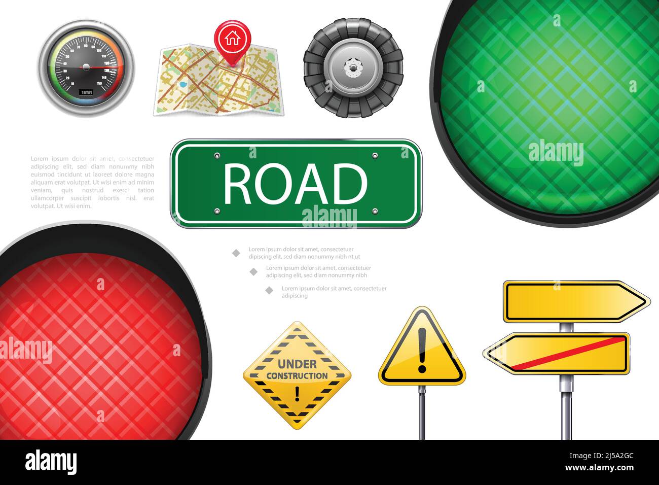 Realistic road elements colorful composition with traffic lights ...