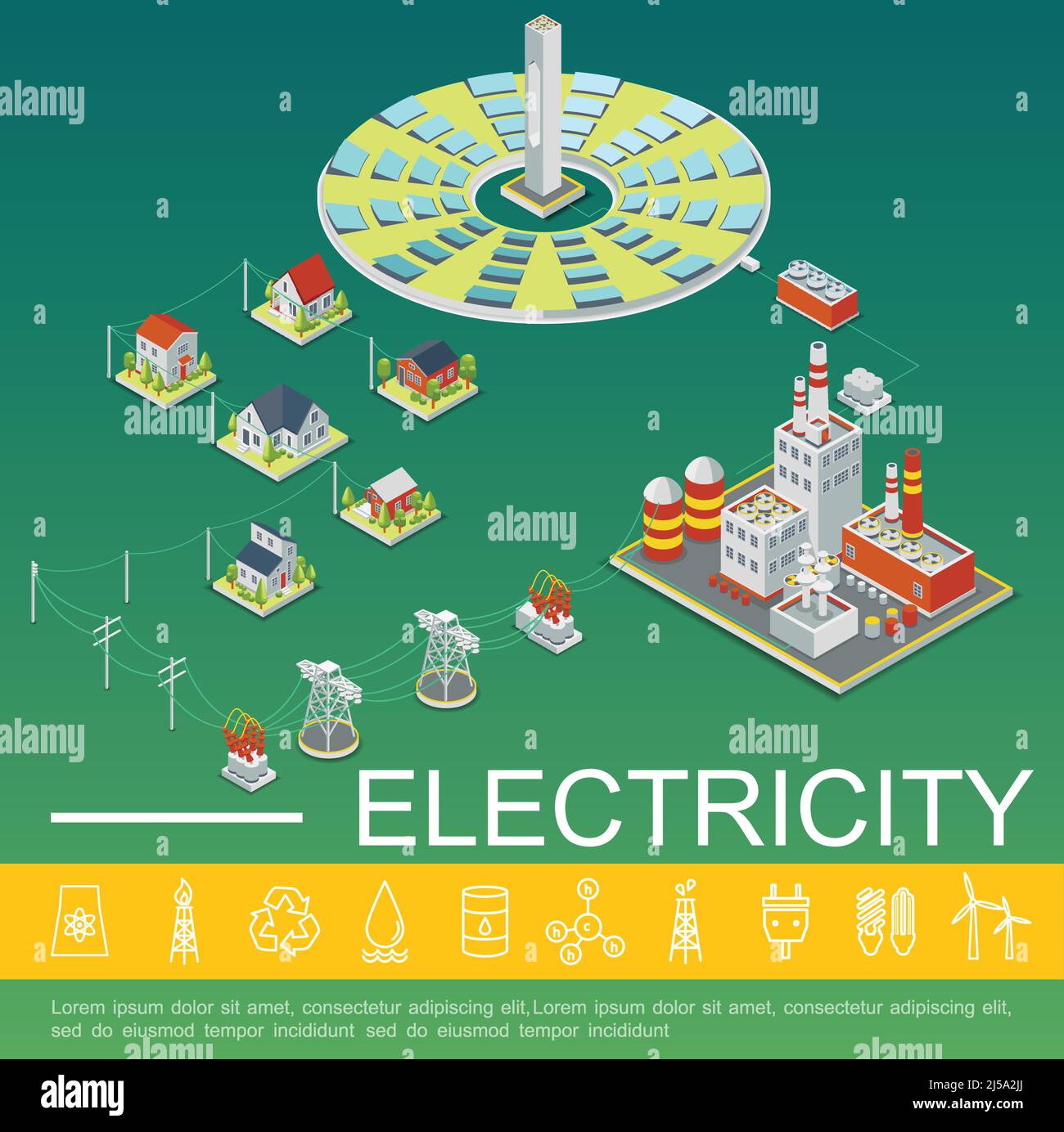 Electricity production and distribution template with solar panels ...