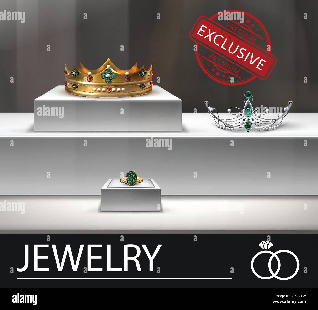 Realistic jewelry advertising template with gold crown and ring silver ...