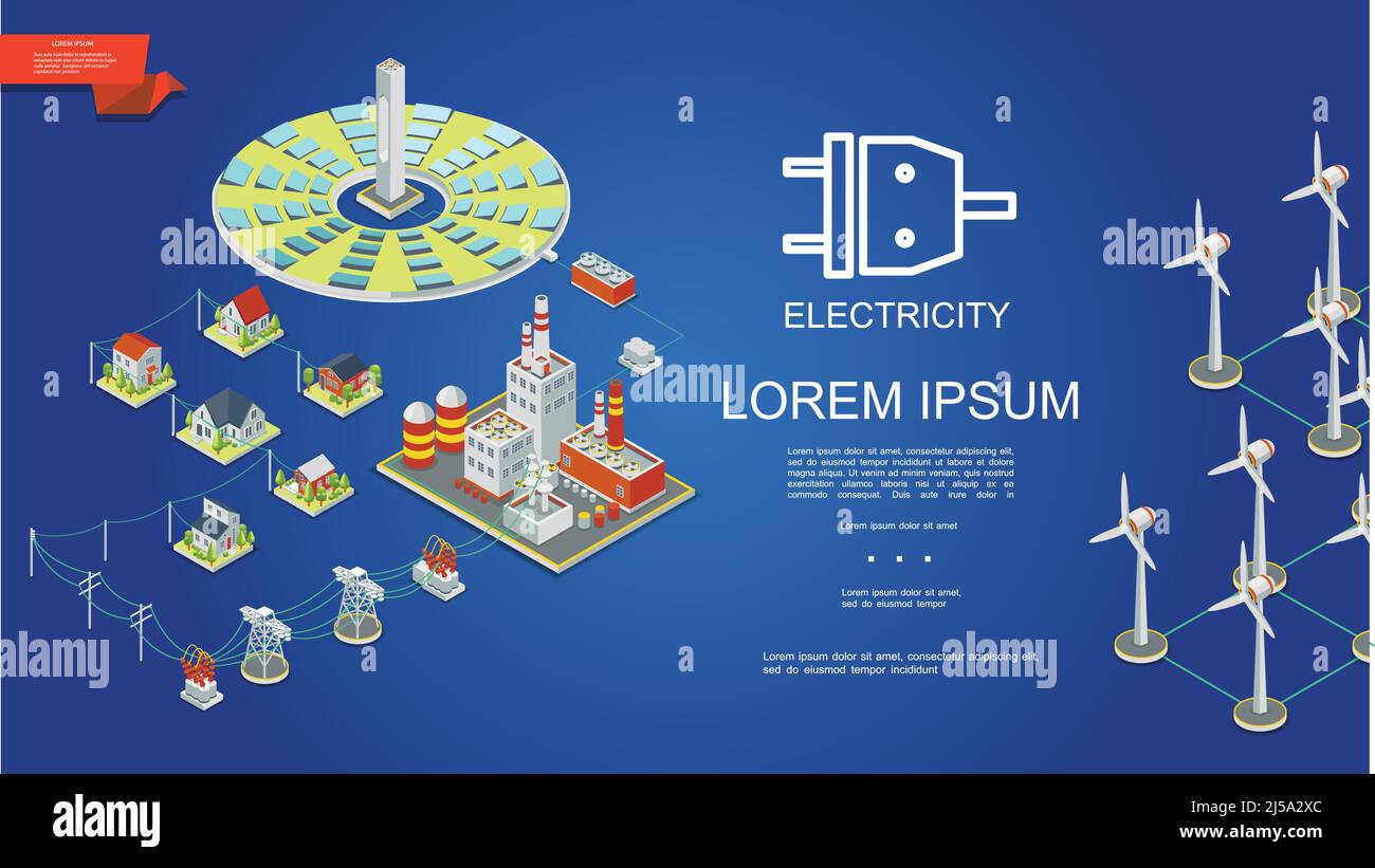 Isometric electricity production concept with solar panels energy power ...