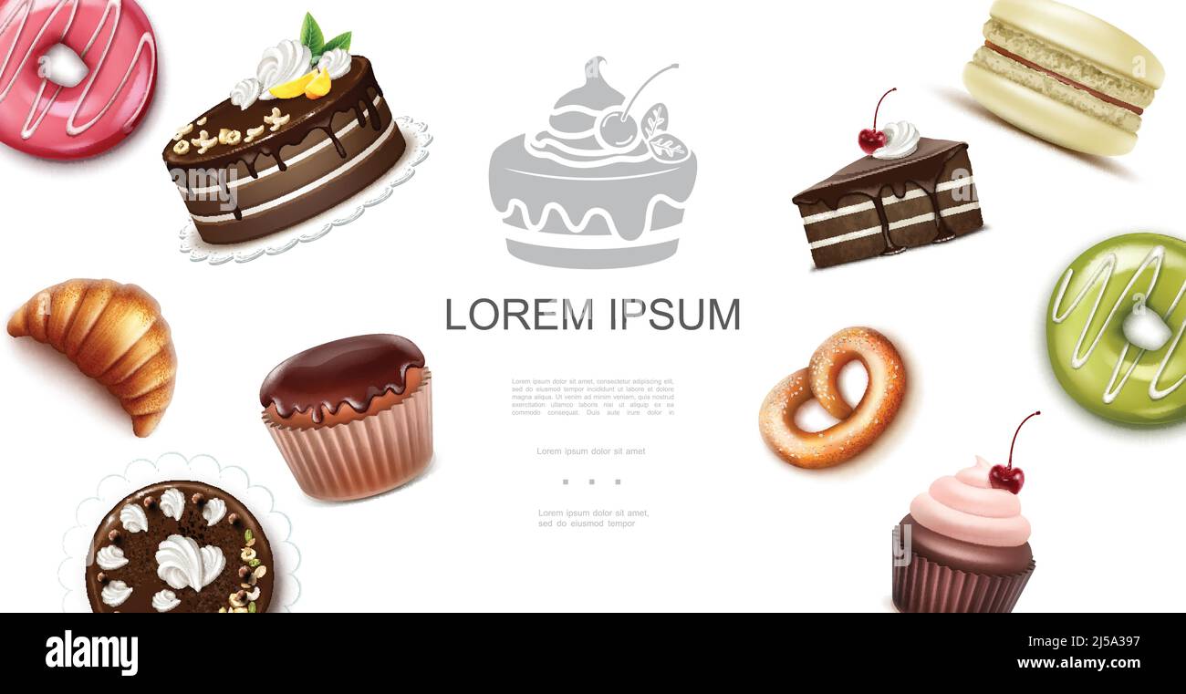 Realistic sweet and baking products template with muffin pie croissant ...