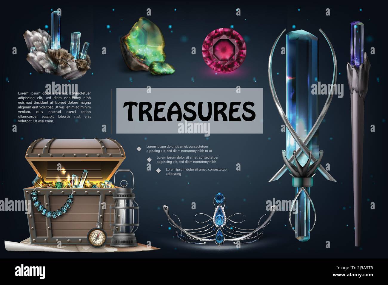 Realistic treasures colorful composition with jewels gemstones jewelry ...