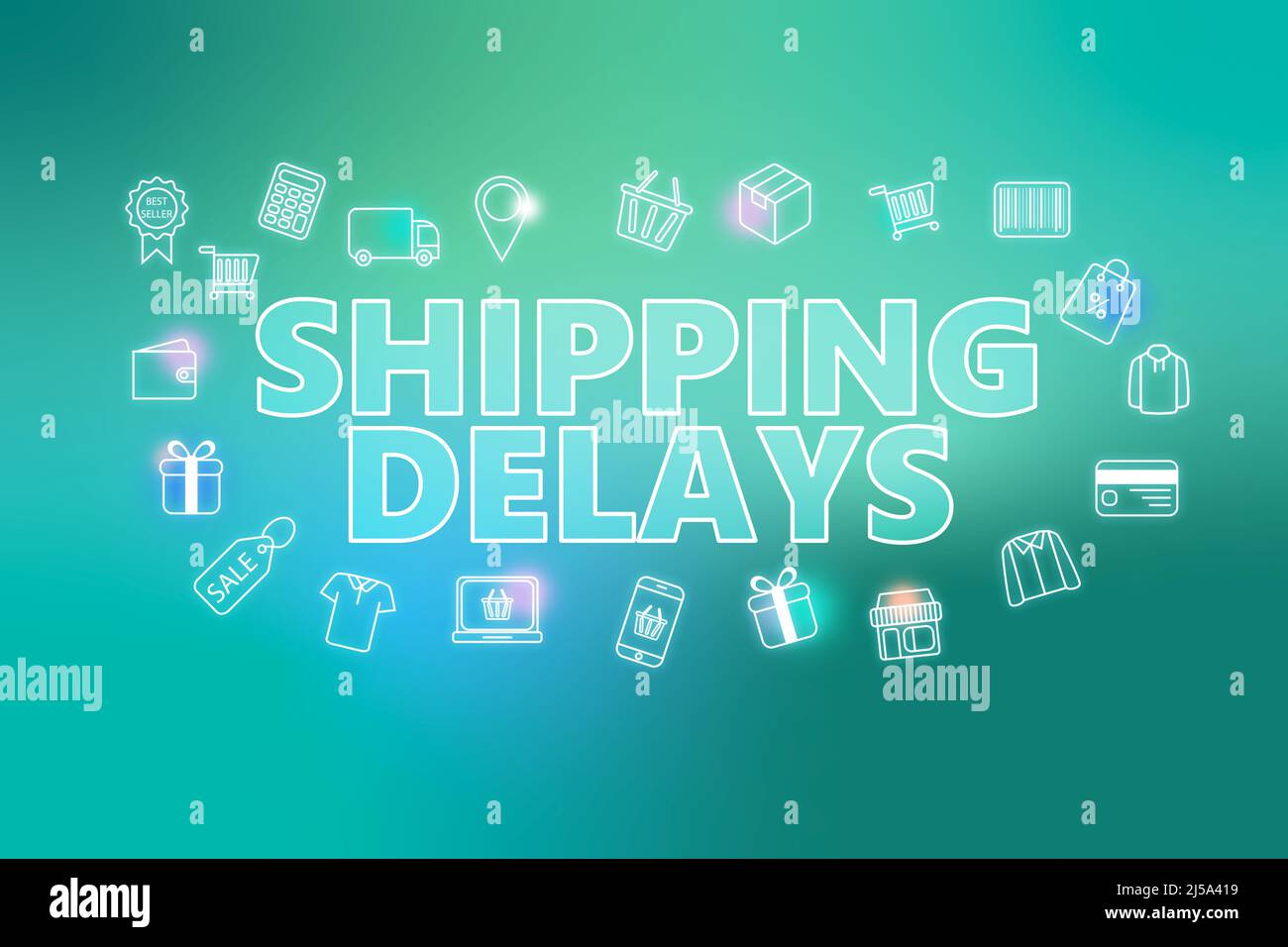 Shipping Delays - ecommerce web banner on turquoise background. Various ...