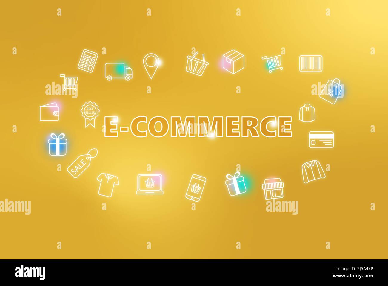E-commerce - ecommerce web banner on golden background. Various ... E-commerce - ecommerce web banner on golden background. Various ...