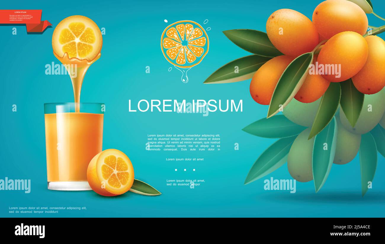 Realistic natural fruit juice template with glass full of healthy drink ...