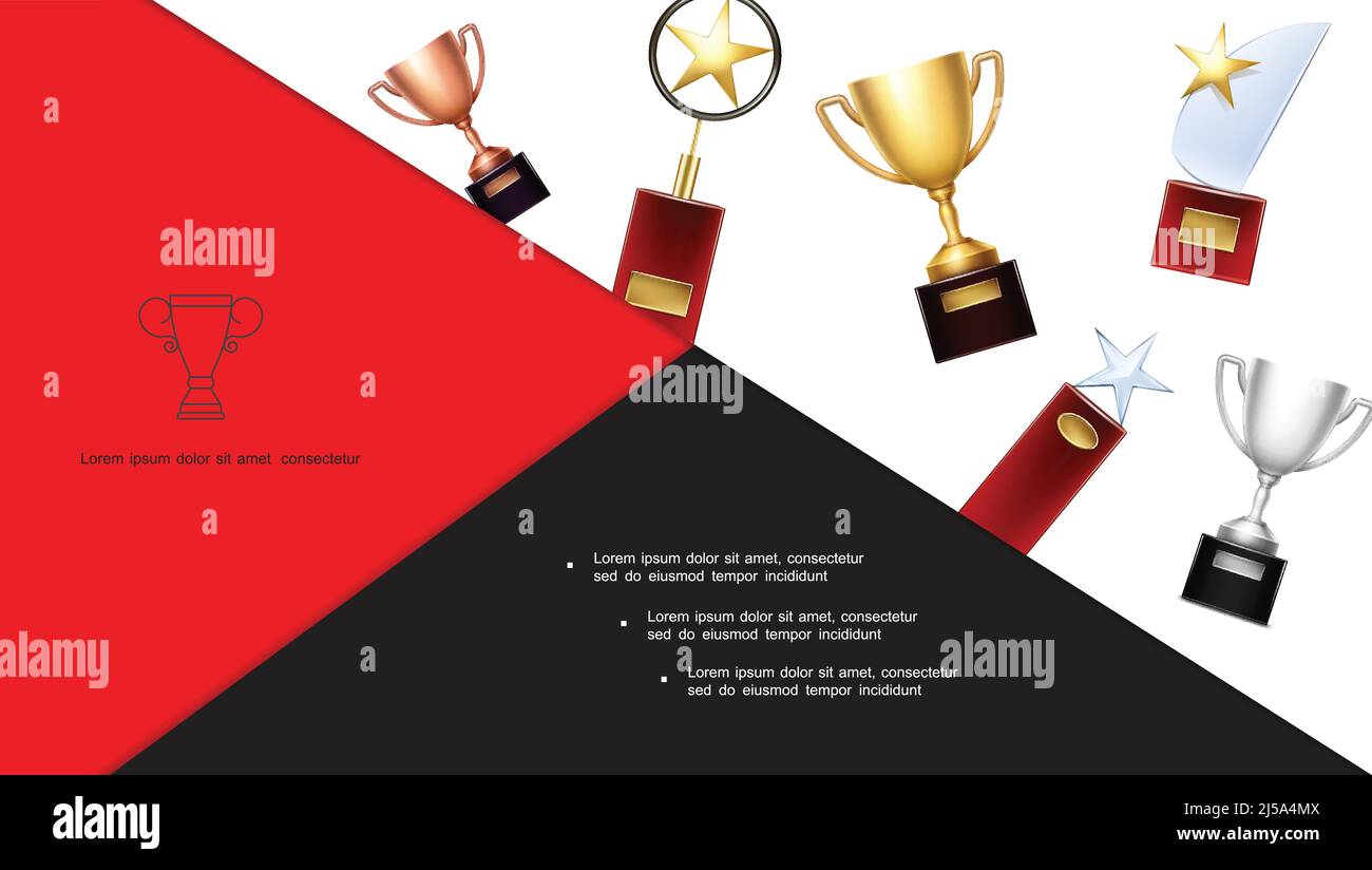 Colorful trophies and awards composition with gold silver bronze cups ...