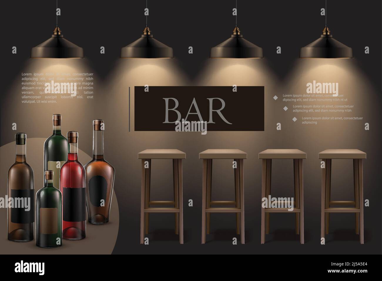Realistic night cafe interior background with hanging shining lamps ...