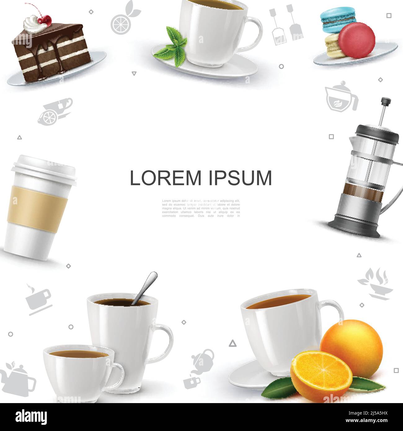 Realistic tea time template with cake piece macaroons french press ...